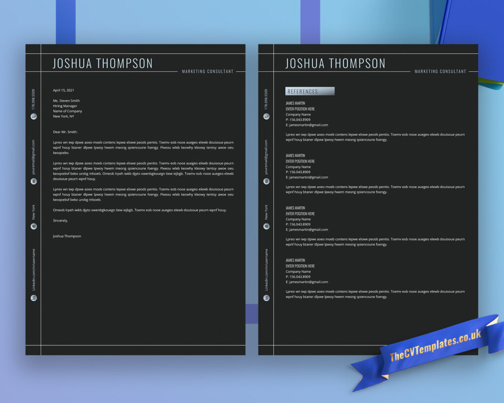 Black Resume Template for MS Word, Cover Letter, References, Modern ...