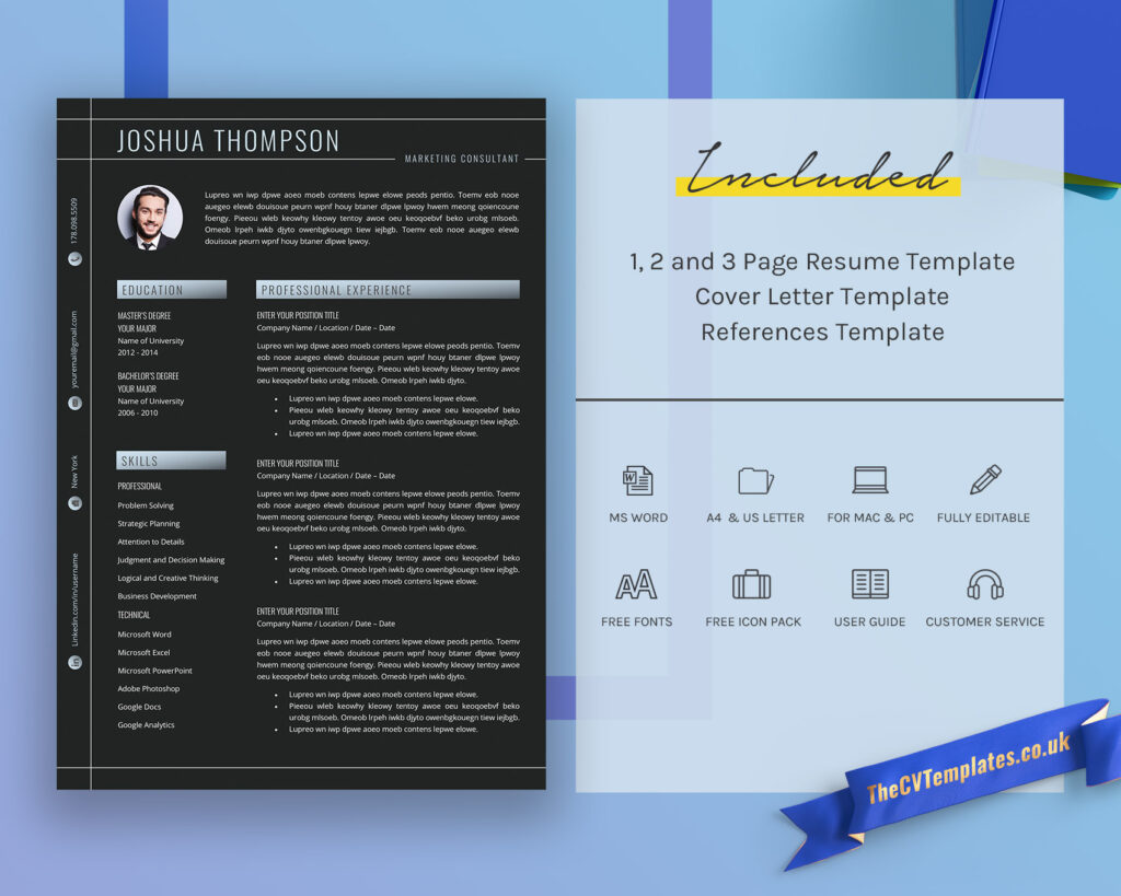 Black Resume Template for MS Word, Cover Letter, References, Modern ...