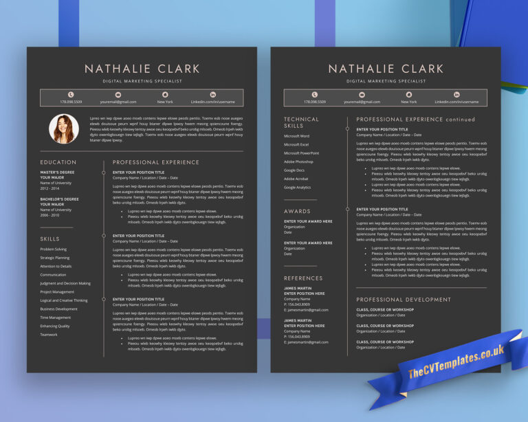 Black Resume Template for MS Word, Creative CV Template Design, Modern ...