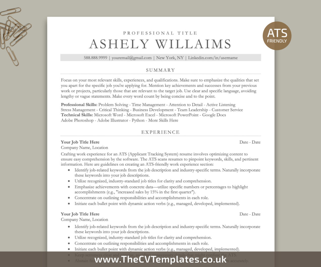 ATS Friendly Resume Template for MS Word, ATS CV Template, Clean and ...