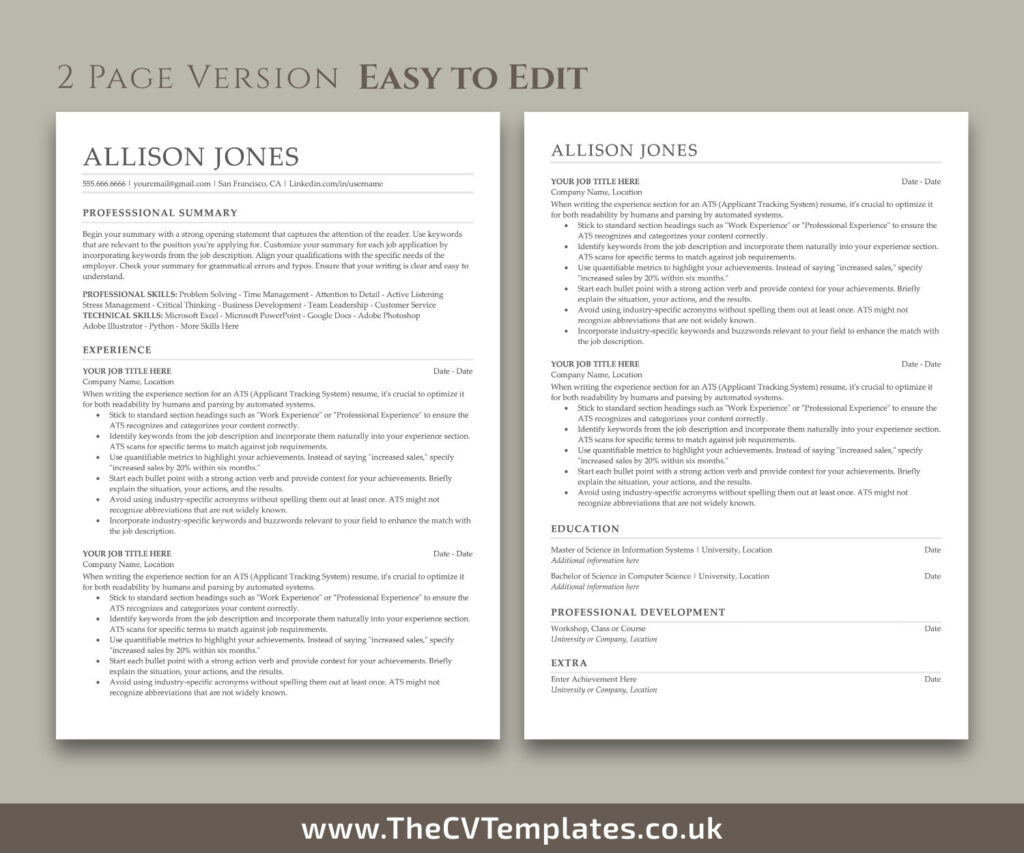 ATS Friendly Resume Template for MS Word, ATS CV Template, Clean and ...
