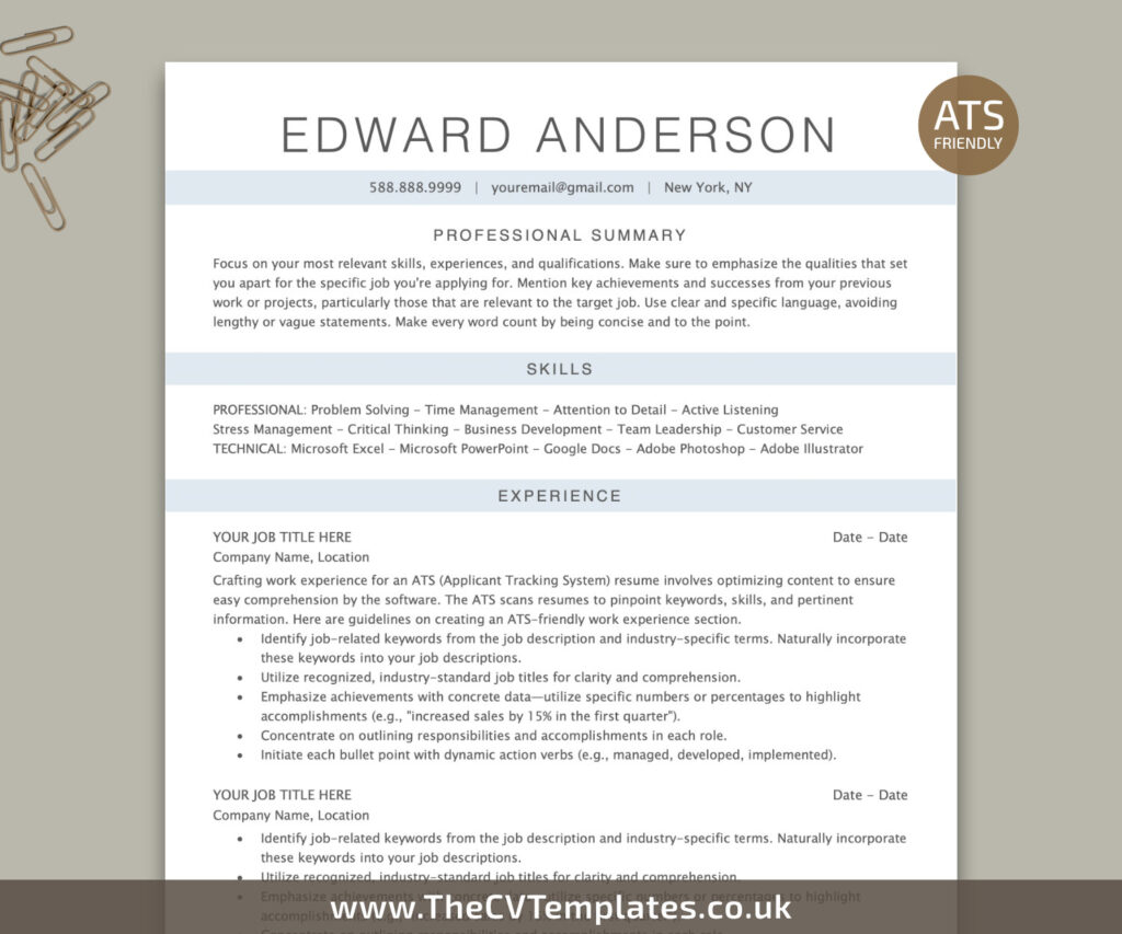 ATS Friendly Resume Template for MS Word, ATS CV Template, Clean and ...