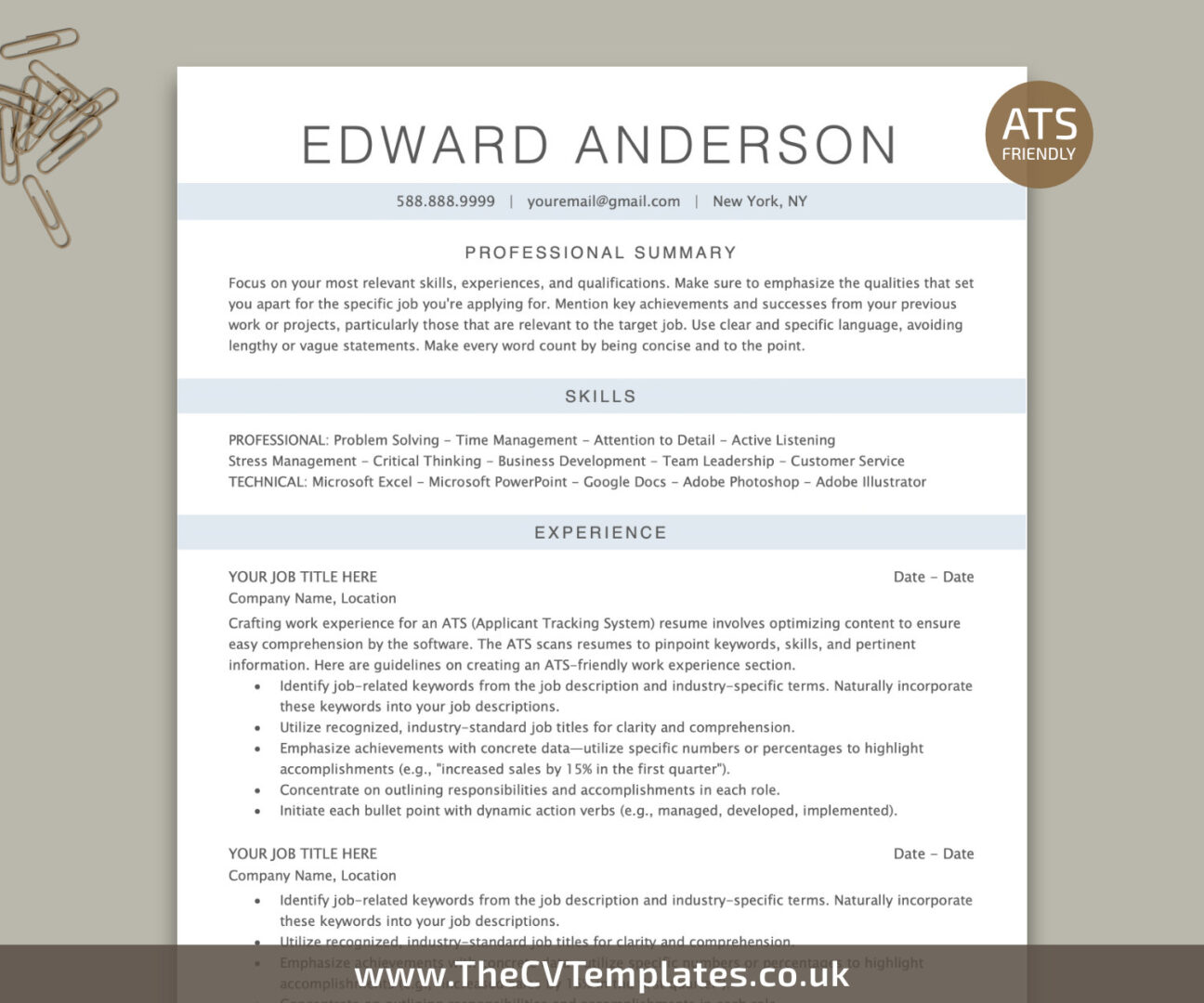 ATS Friendly Resume Template for MS Word, ATS CV Template, Clean and ...