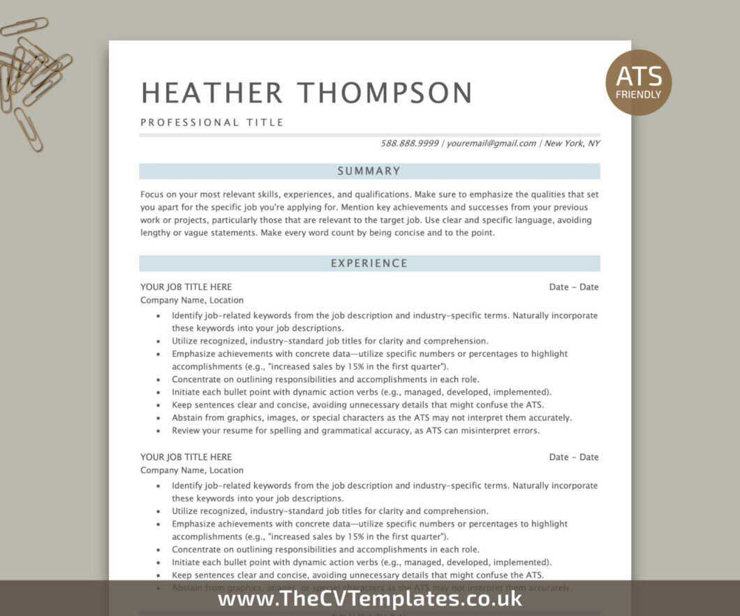 ATS Friendly Resume Template for MS Word, ATS CV Template, Clean and ...