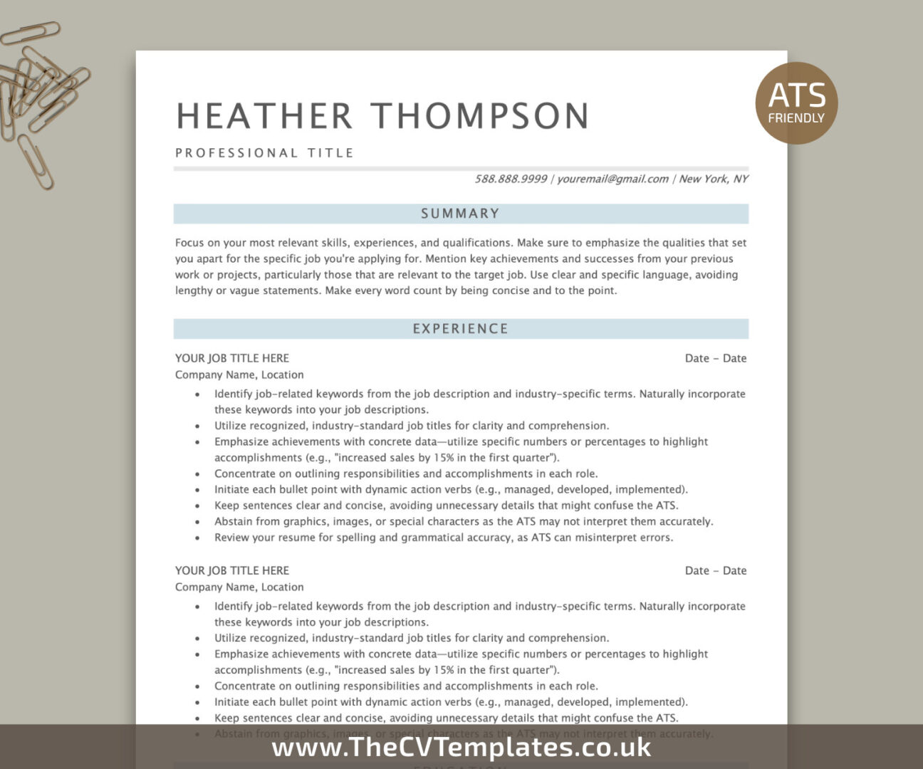 ATS Friendly Resume Template for MS Word, ATS CV Template, Clean and ...