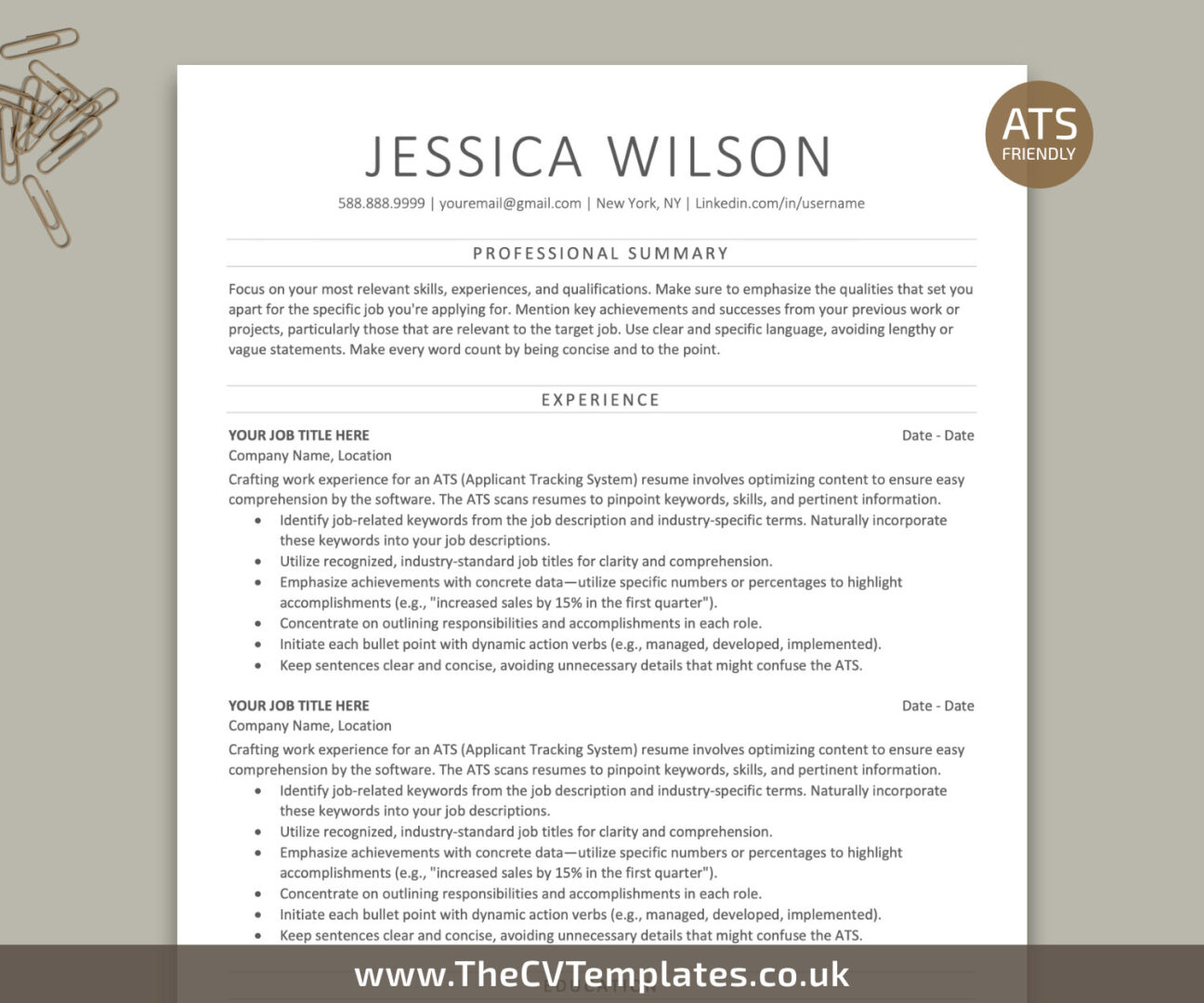 ATS Friendly Resume Template for MS Word, ATS CV Template, Clean and ...