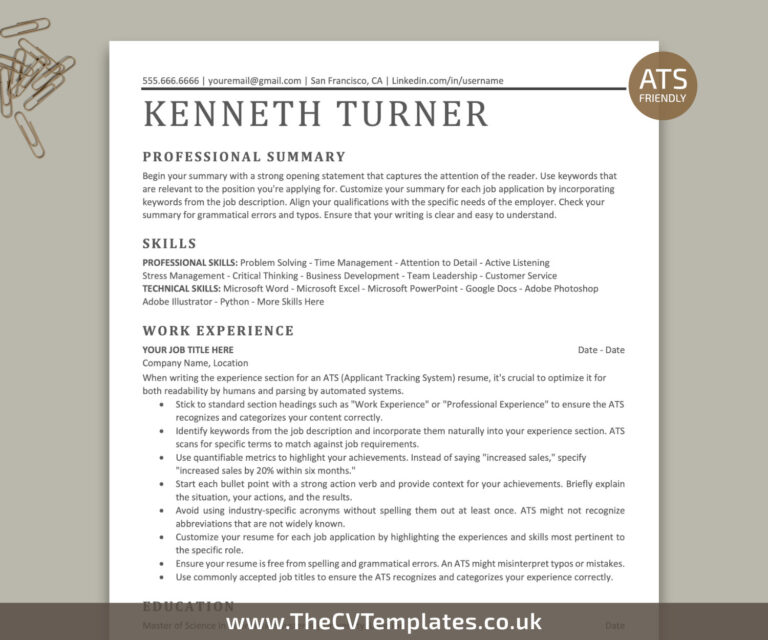 ATS Friendly Resume Template for MS Word, ATS CV Template, Clean and ...
