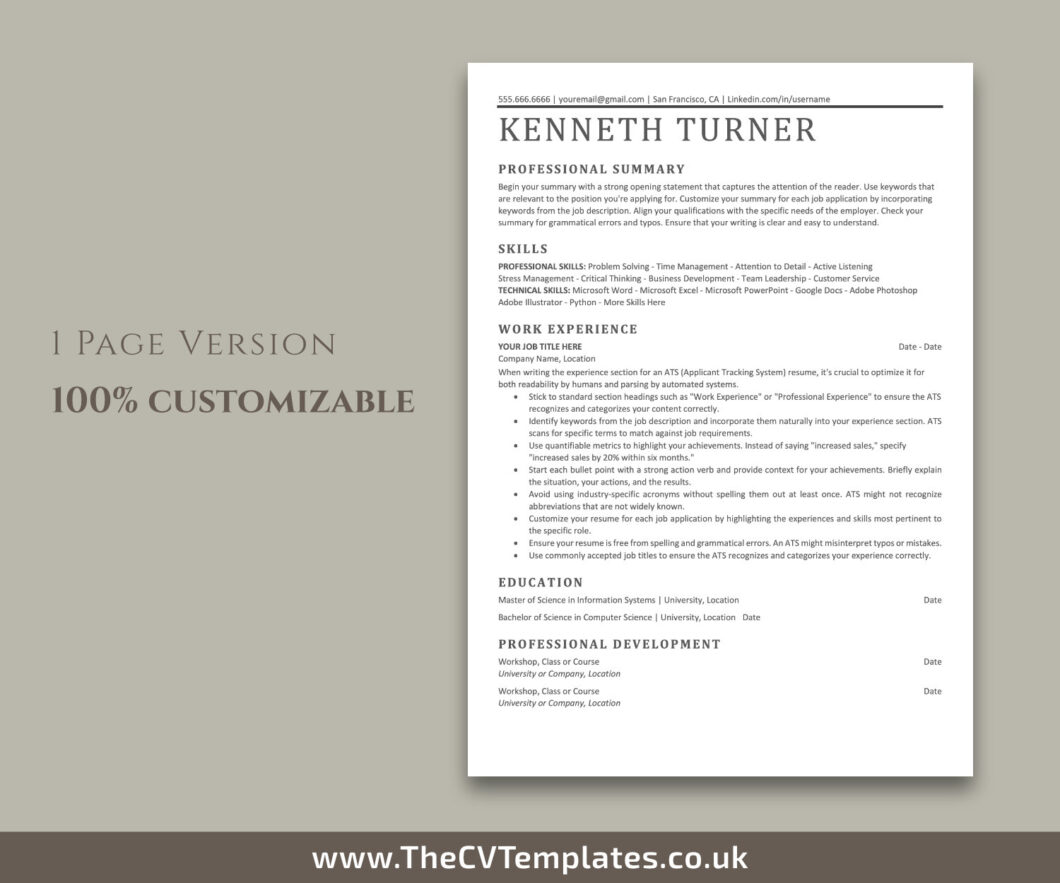 ATS CV Template for MS Word, Classic Professional ATS Resume Template ...
