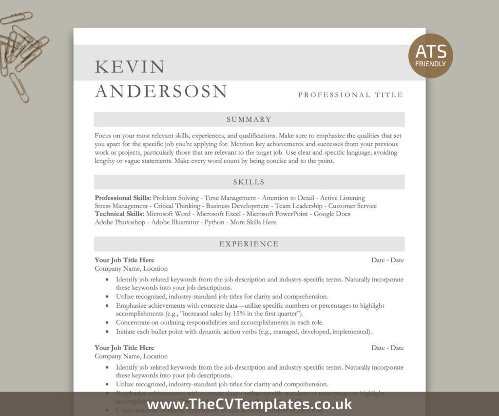 ATS Friendly Resume Template for MS Word, ATS CV Template, Clean and ...