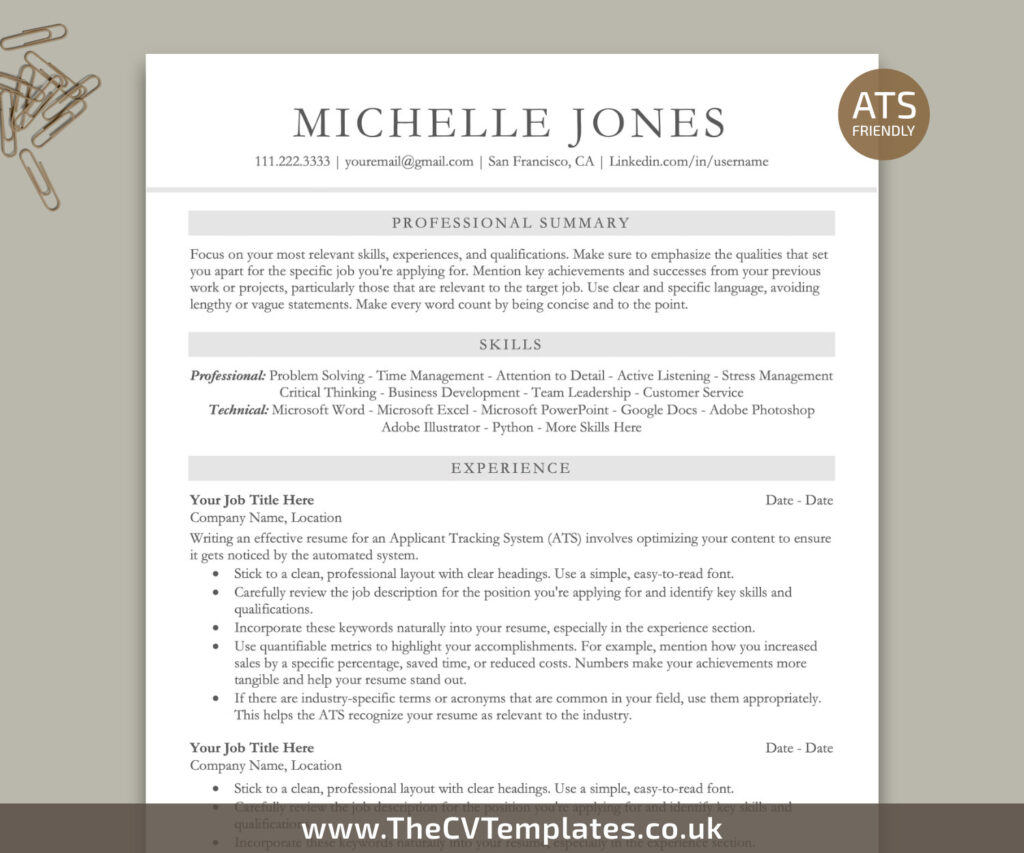 ATS Friendly Resume Template for MS Word, ATS CV Template, Clean and ...