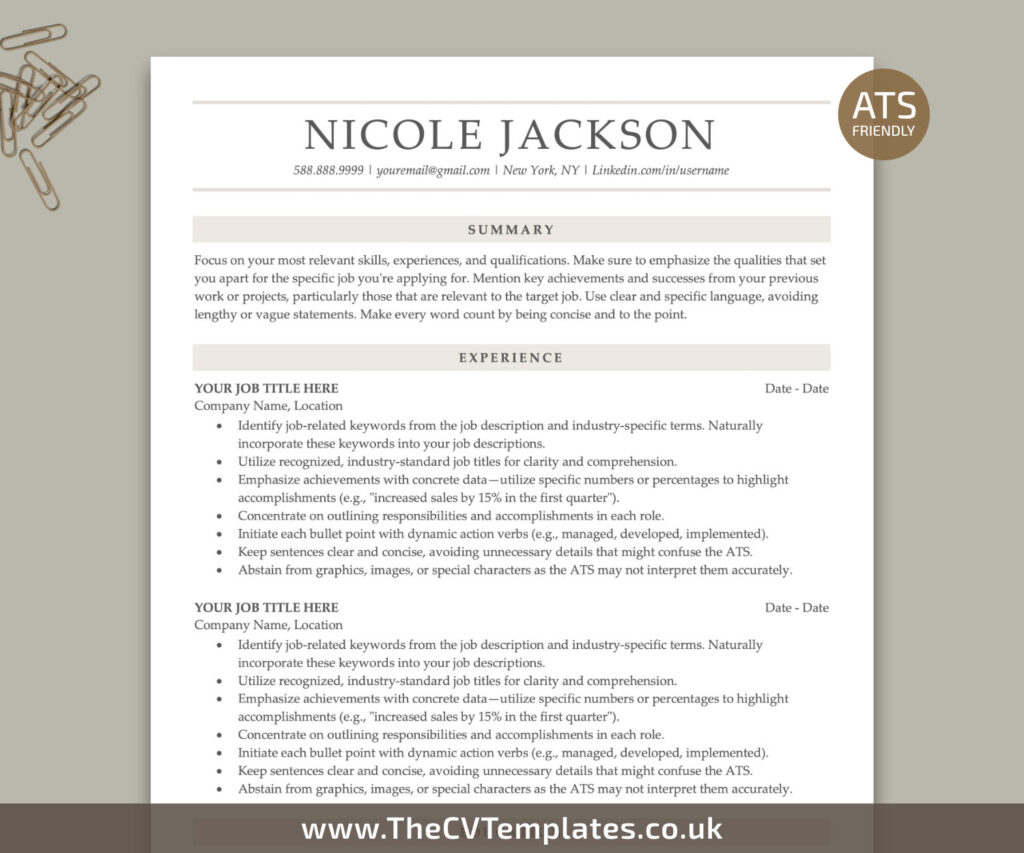ATS Friendly Resume Template for MS Word, ATS CV Template, Clean and ...