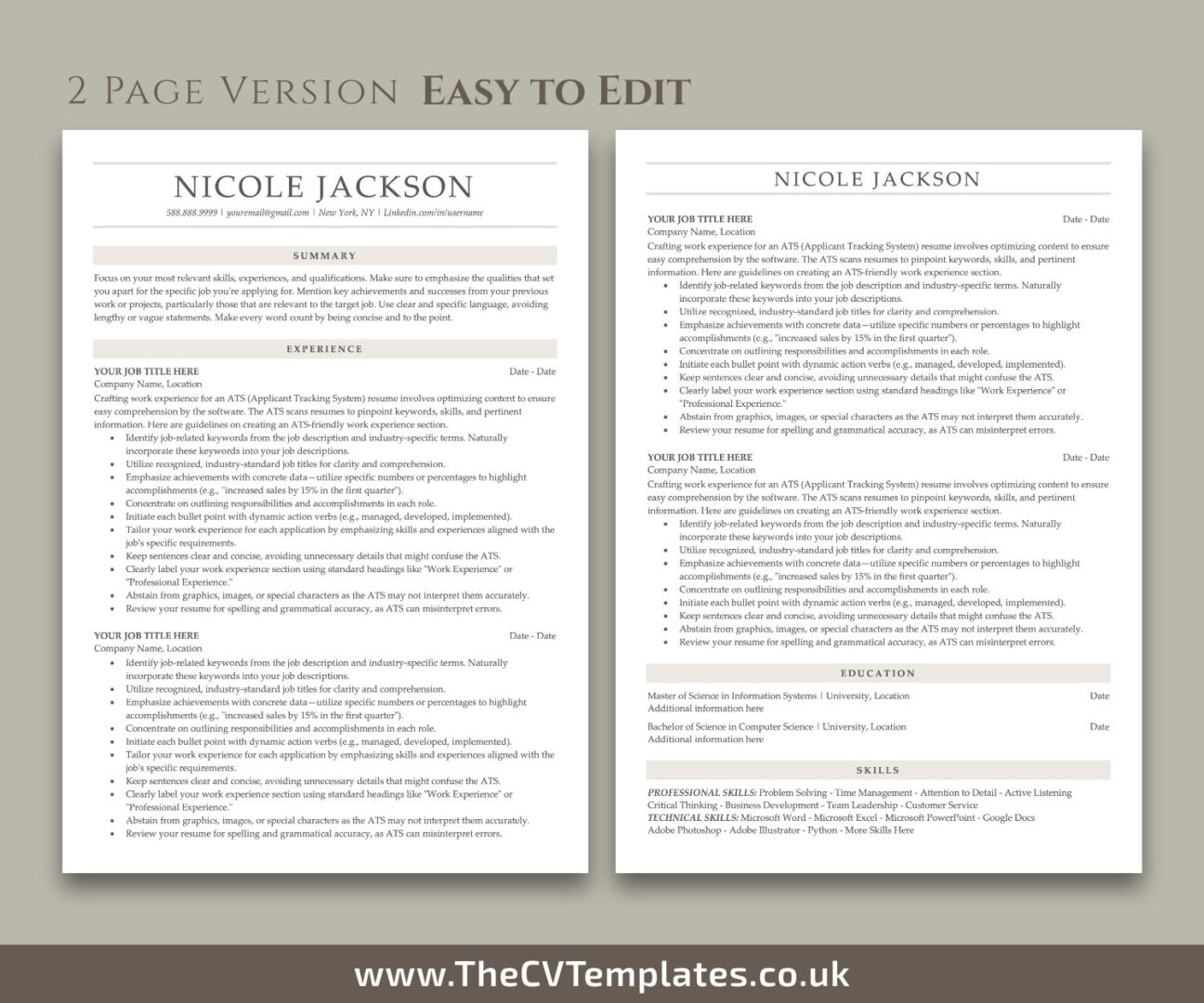 ATS Friendly Resume Template for MS Word, ATS CV Template, Clean and ...