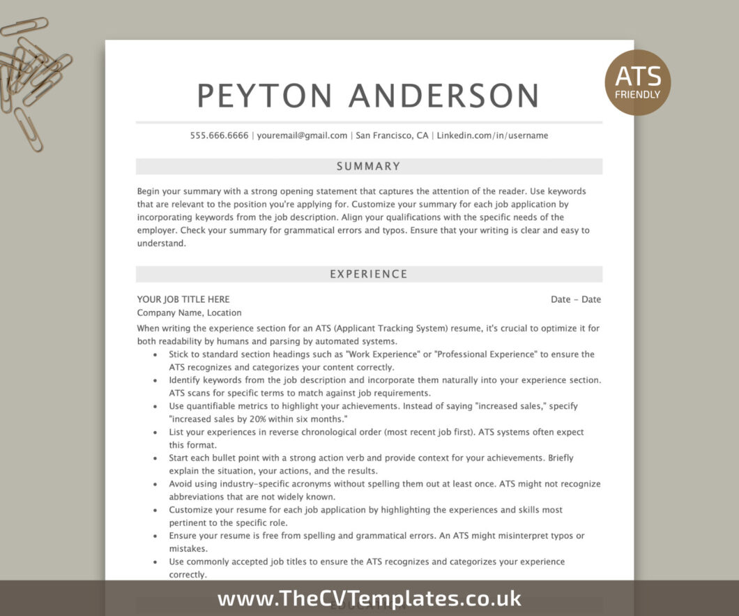 ATS Friendly Resume Template for MS Word, ATS CV Template, Clean and ...