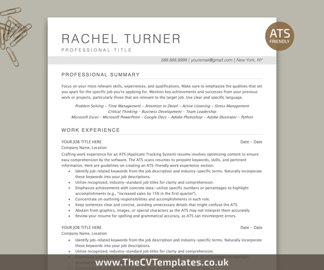 ATS Friendly Resume Template for MS Word, ATS CV Template, Clean and ...