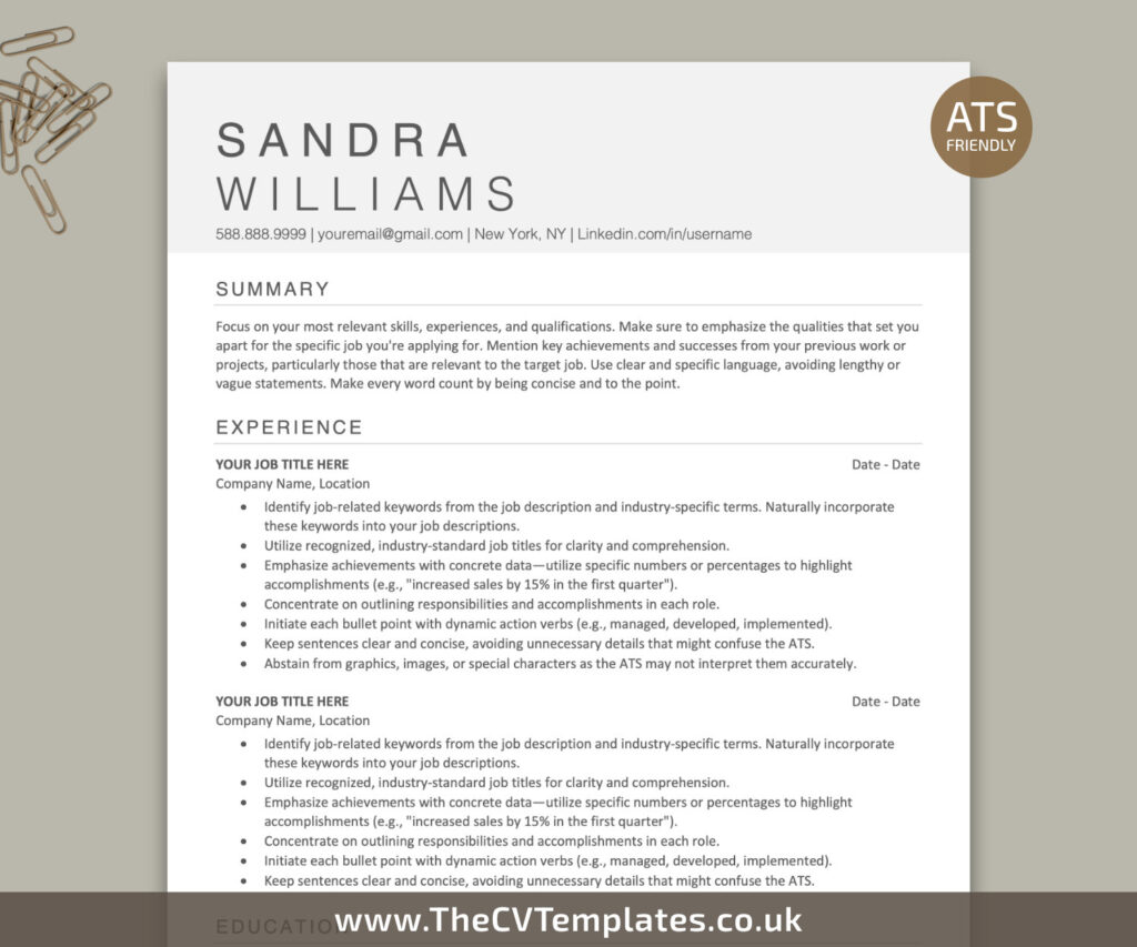 ATS Friendly Resume Template for MS Word, ATS CV Template, Clean and ...