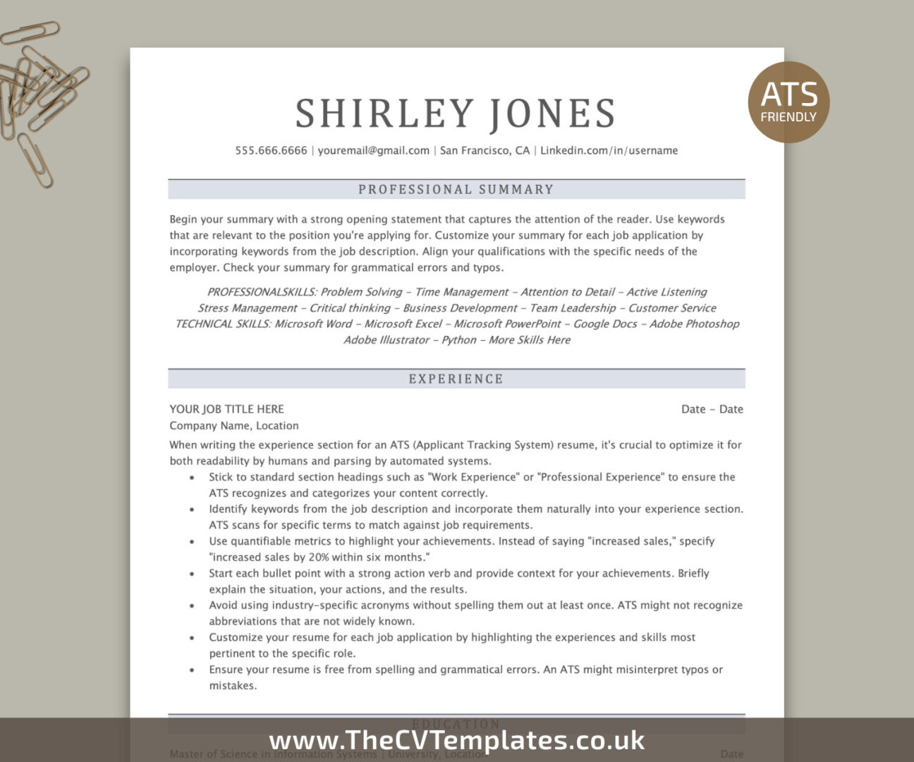 ATS Friendly Resume Template for MS Word, ATS CV Template, Clean and ...