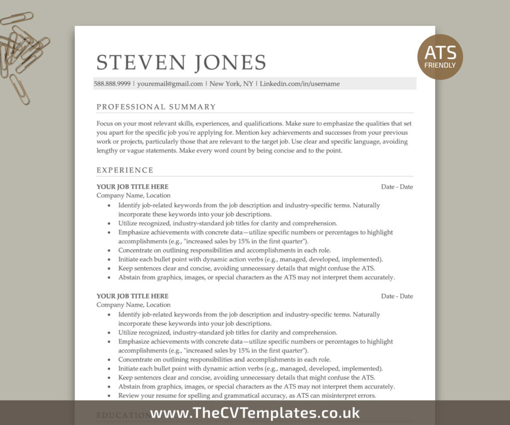 ATS Friendly Resume Template for MS Word, ATS CV Template, Clean and ...
